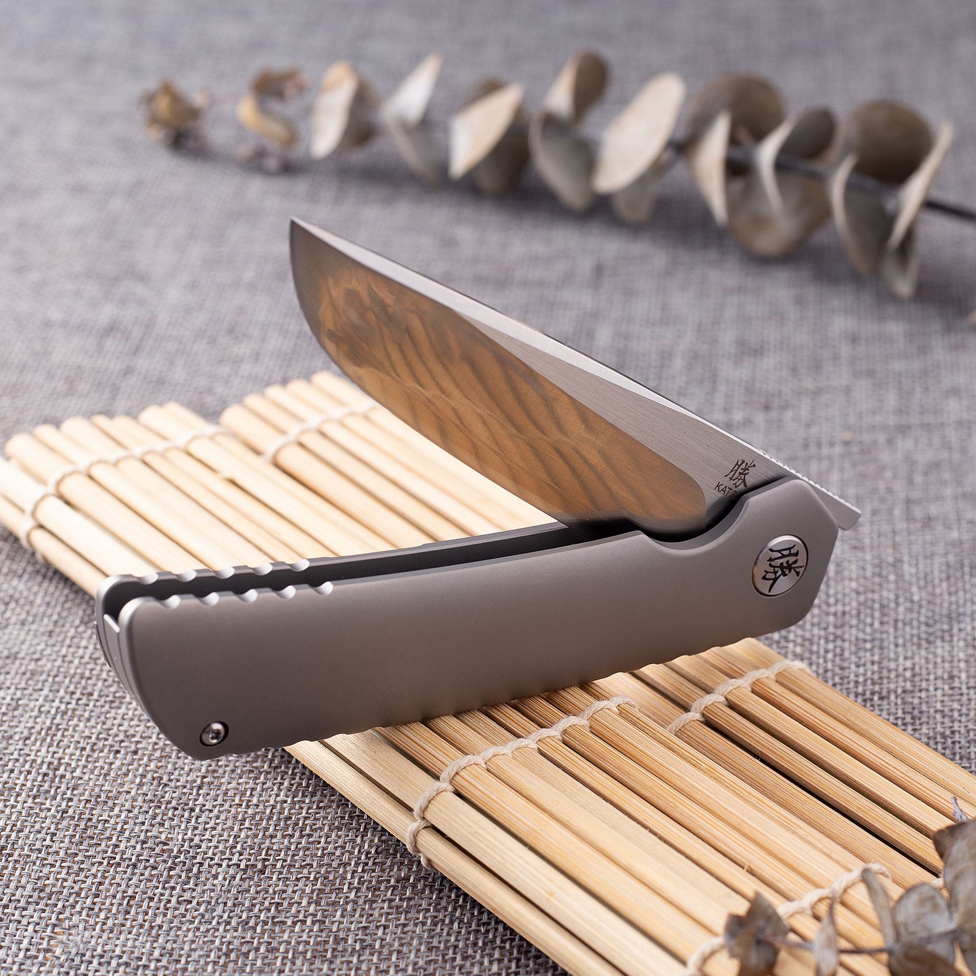 KATSU ZK01, Sandblasted Titanium Handle, ZDP-189 Super Steel Convex Gr ...